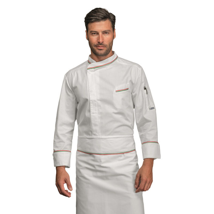 Giacca cuoco chef bilbao isacco 059310 colore bianco e tricolore cotone